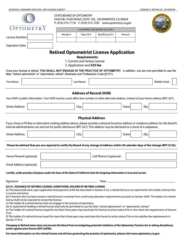 Fillable Online optometry ca Retired Optometrist License Application ...