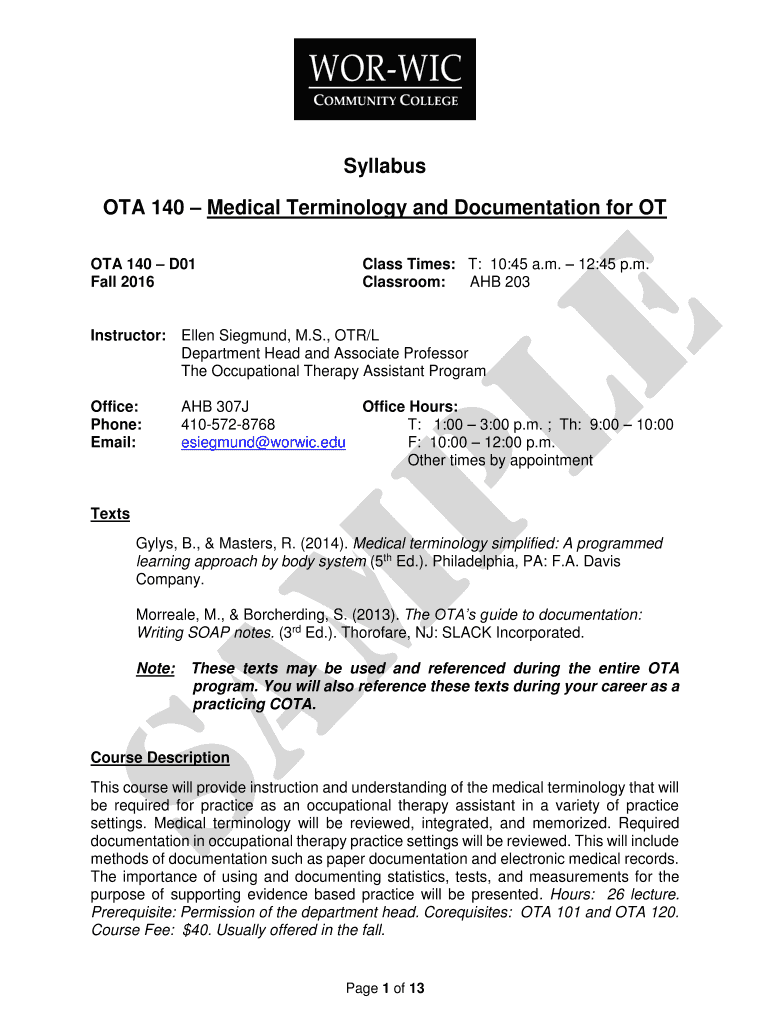 Fillable Online OTA 140 Medical Terminology and Documentation for OT ...