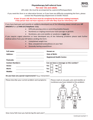 Fillable Online shb scot nhs Physiotherapy Self-referral Form For over ...