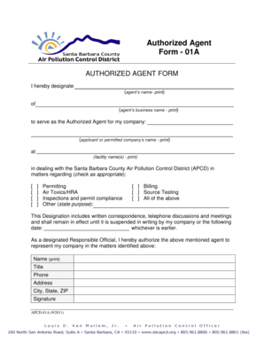 Fillable Online sbcapcd ACPD Form -01A. Designation of Authorized Agent ...