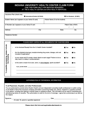 Fillable Online iun IU Health Center Claim Form - Indiana University ...