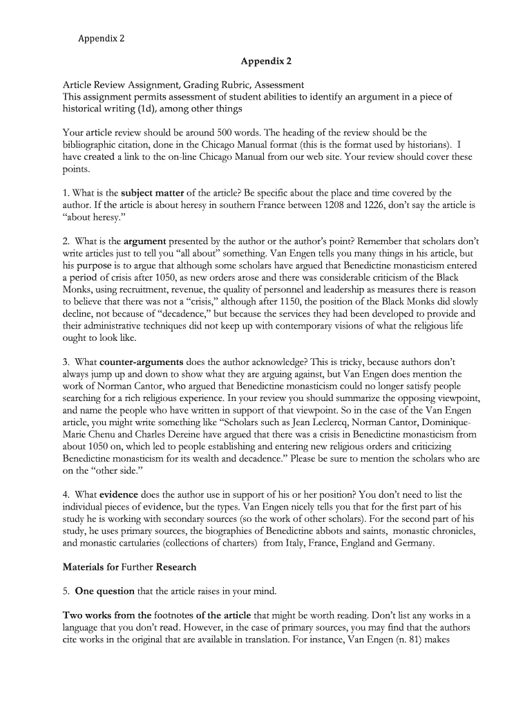 Fillable Online Article Review Assignment Grading Rubric Assessment