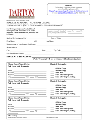 Fillable Online darton Transcript Request Form 2015+ co curricular.doc - darton Fax Email Print ...