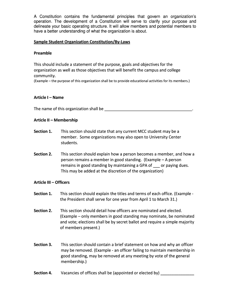 Fillable Online mclennan Sample Student Organization ConstitutionBy ...