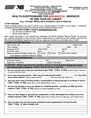Fillable Online Health questionnaire for non-medical absences of - Norfolk Southern Fax Email ...