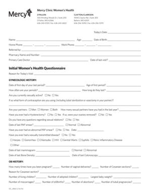Fillable Online Initial Women 's Health Questionnaire - Mercy Fax Email ...