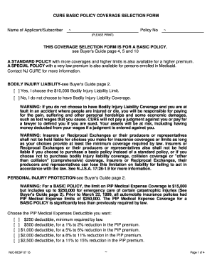Fillable Online NJ CURE BASIC POLICY COVERAGE SELECTION FORM Fax Email ...