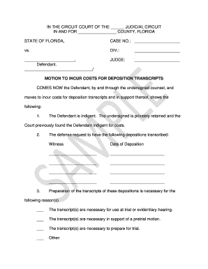 Fillable Online justiceadmin Sample Motion to Incur Costs for ...