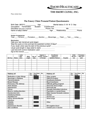 Fillable Online emoryhealthcare Obstetrics-Prenatal Questionnaire ...