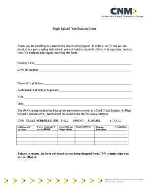 Fillable Online cnm High School Verification Form - cnm Fax Email Print ...