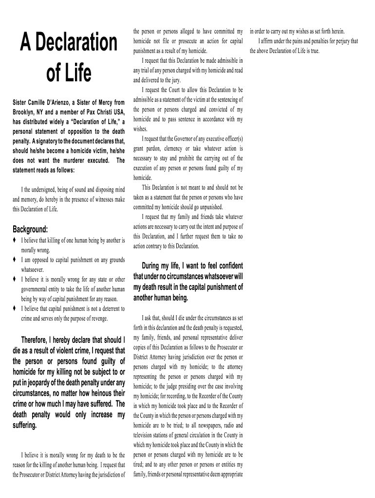 Fillable Online austindiocese Declaration of Lifepdf - austindiocese ...