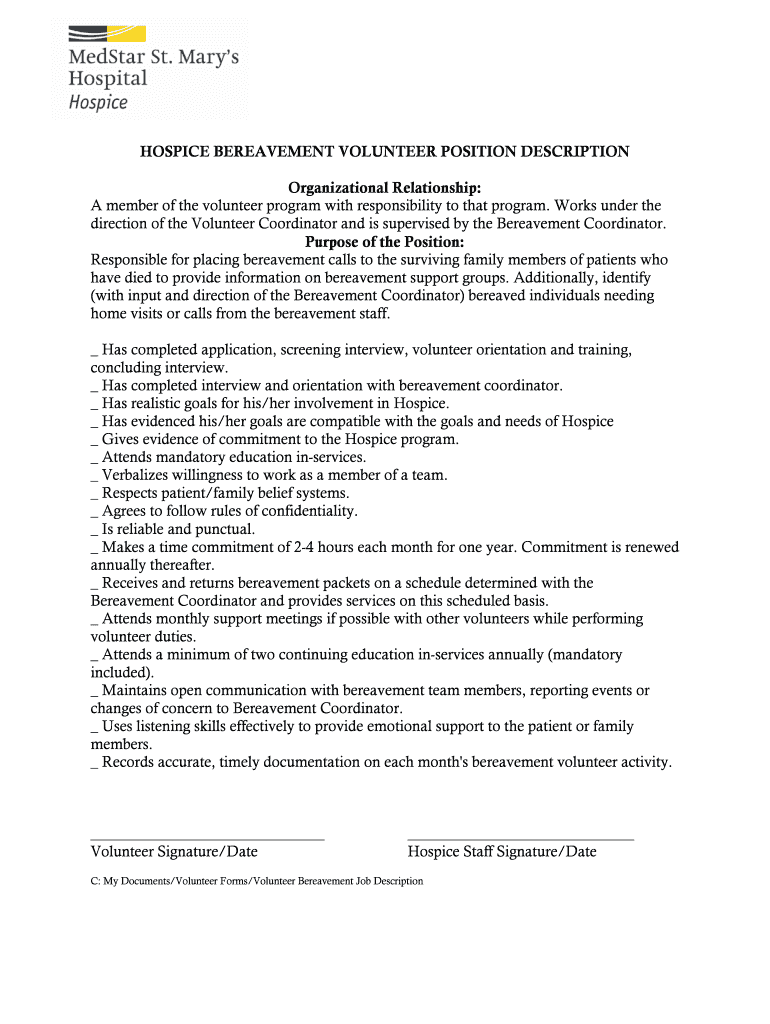 Fillable Online HOSPICE BEREAVEMENT VOLUNTEER - MedStar Health Fax ...