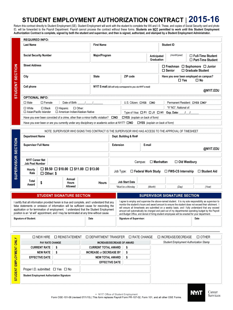 Fillable Online Student Employment Authorization Contract 201314 New ...