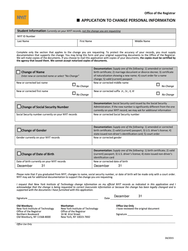 Fillable Online Application to change personal information - New York ...
