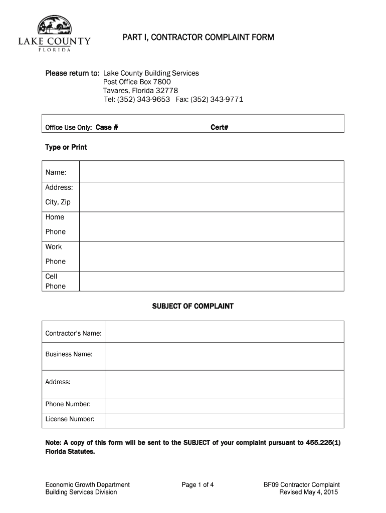 Fillable Online lakecountyfl BF09 - Contractor Complaint - Lake County Fax Email Print - pdfFiller