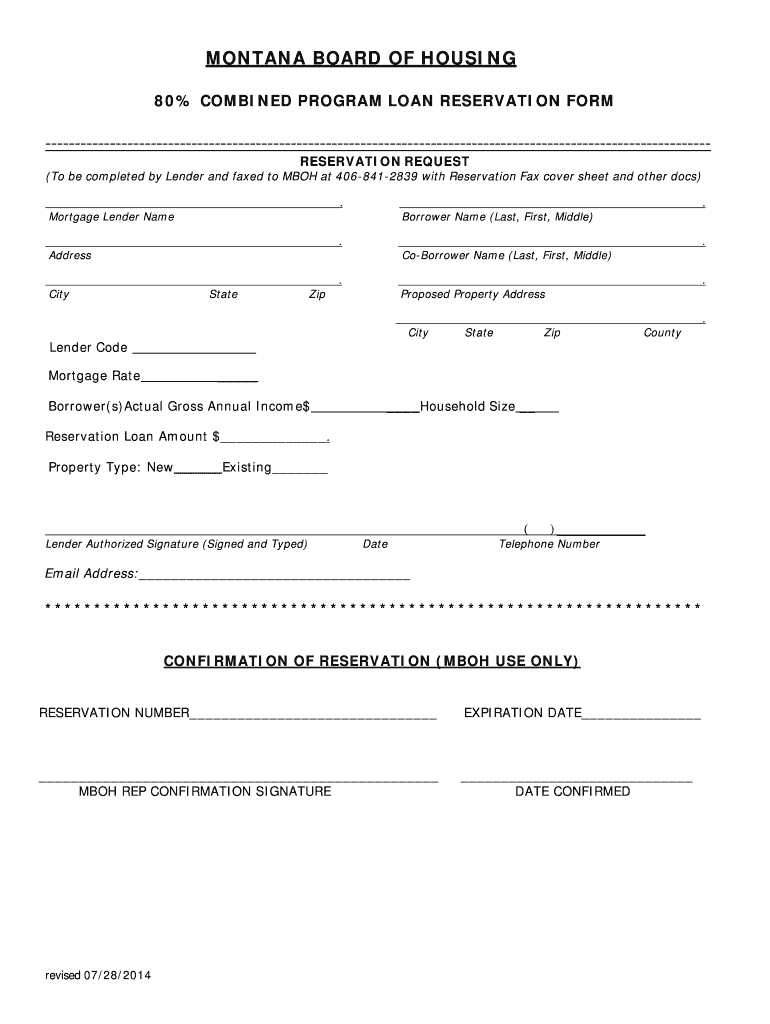 Fillable Online housing mt 80% COMBINED PROGRAM LOAN RESERVATION FORM ...