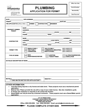Fillable Online Plumbing Permit Application - City of Minnetonka Fax ...