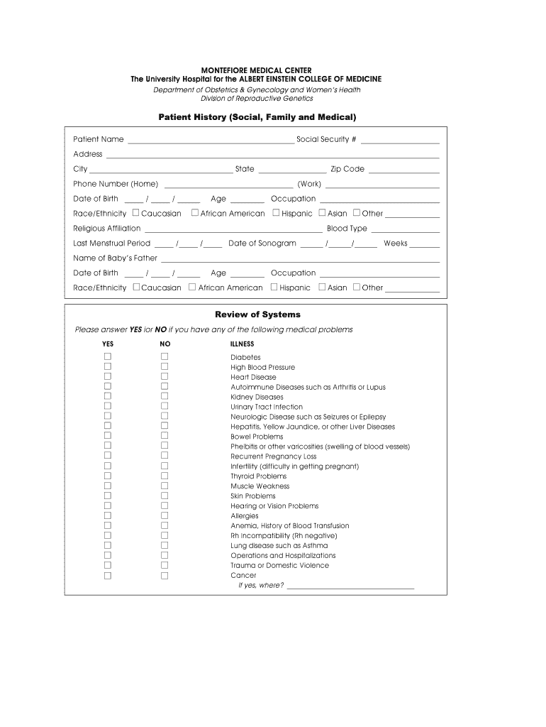 Fillable Online montefiore Patient History Social Family and Medical ...
