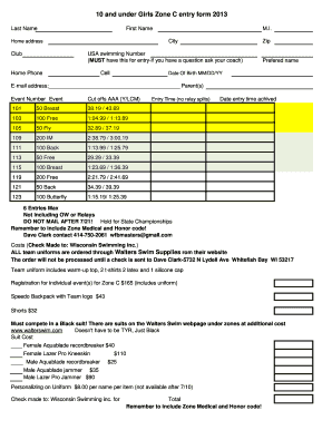 Fillable Online wisconsinswimming 10 and under Girls Zone C entry form ...