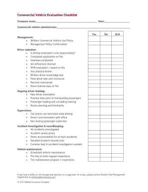 Fillable Online Commercial Vehicle Evaluation Checklist - Markel ...