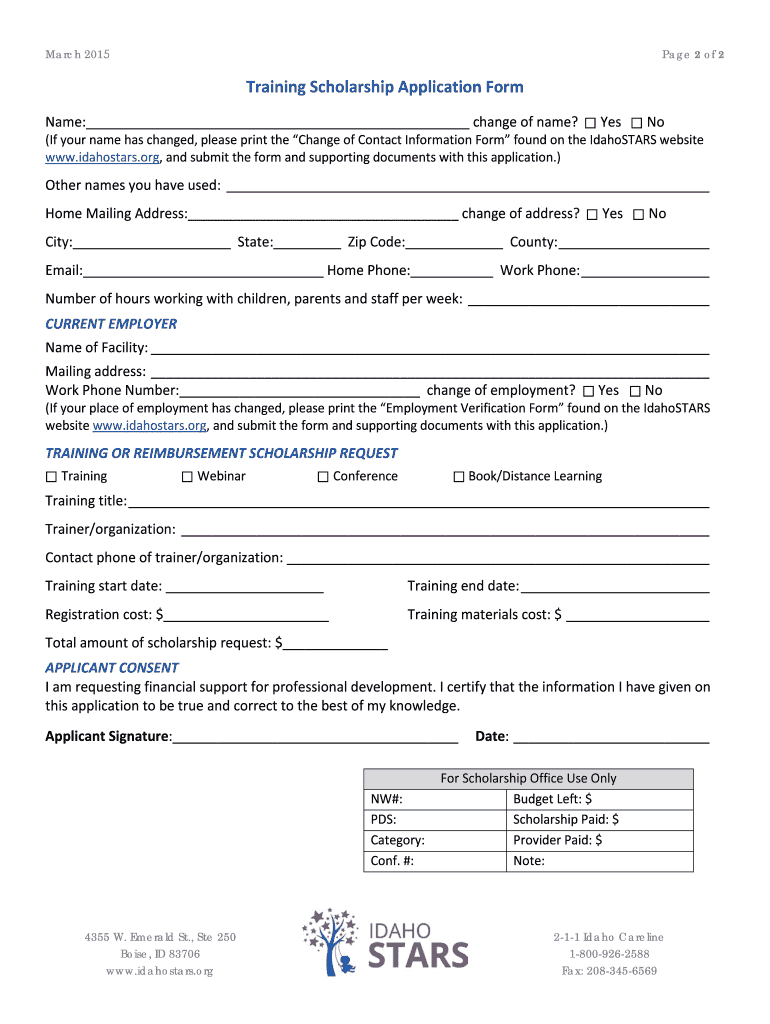 Fillable Online IdahoSTARS Training Scholarship Application Form. IdahoSTARS Training ...