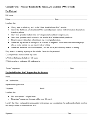 Fillable Online Consent Form Prisoner Entries to the Prison Arts bb ...