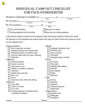 Fillable Online Individual Campout Checklist for Pack Overnighter Fax ...