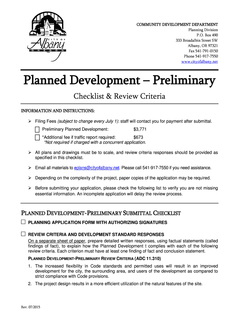 Fillable Online cityofalbany Planned Development Preliminary - City of Albany Fax Email Print ...