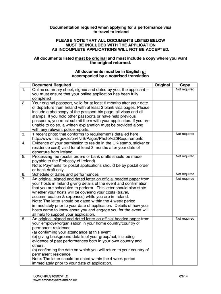 Fillable Online Documentation required when applying for a performance visa Fax Email Print ...