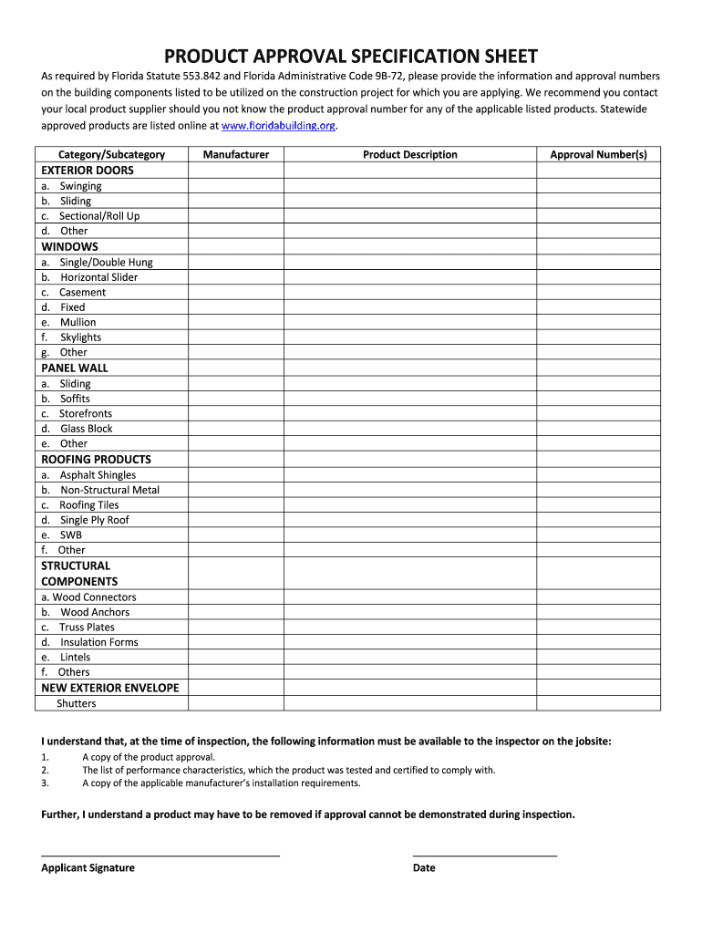Fillable Online PRODUCT APPROVAL SPECIFICATION SHEET - City of Palm ...