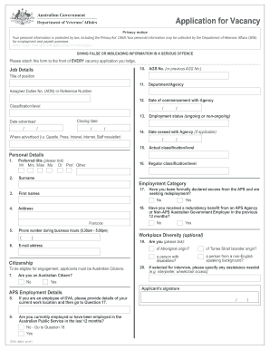 Fillable Online dva gov Application for Vacancy DVA Form D0712 ...