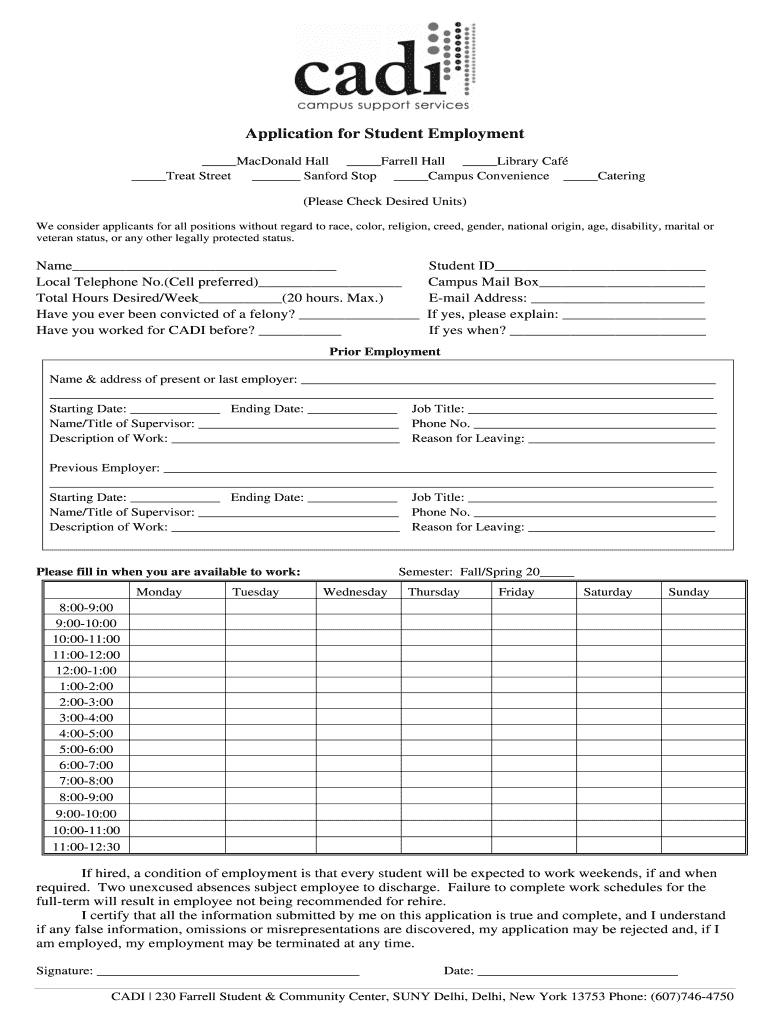 Fillable Online delhi Application for Student Employment Fax Email ...
