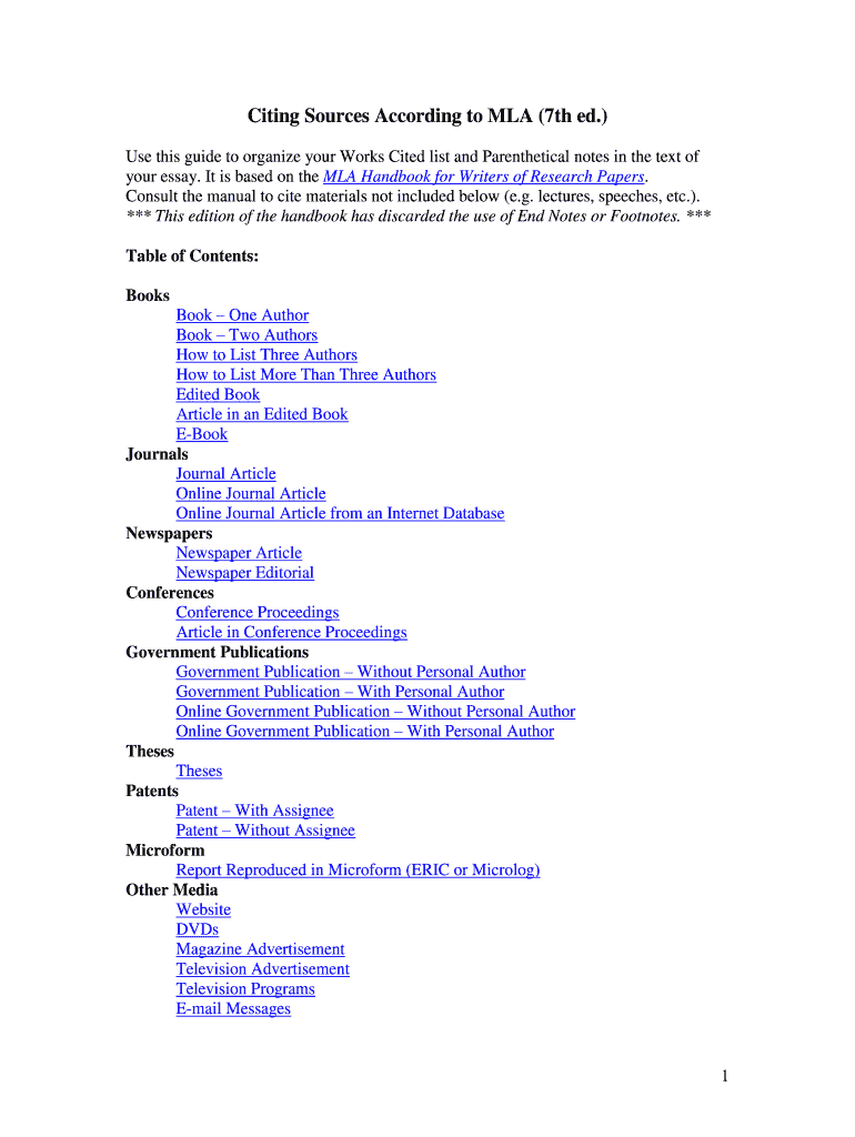 Fillable Online Citing Sources According to MLA (7th ed Fax Email Print ...