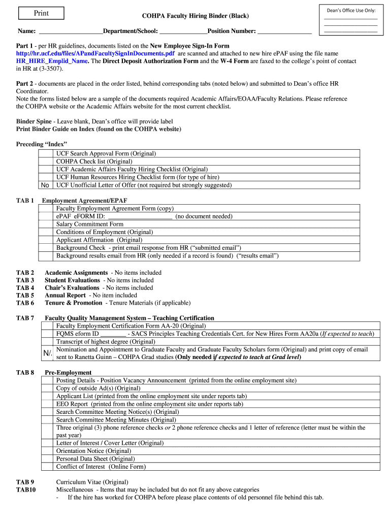 Fillable Online cohpa ucf COHPA Faculty Hiring Folder Checklist Fax ...