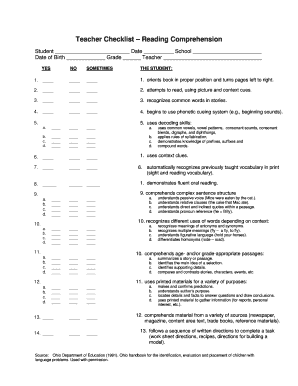 Fillable Online Form 5 Reading Comprehension Teacher Checklist Fax ...