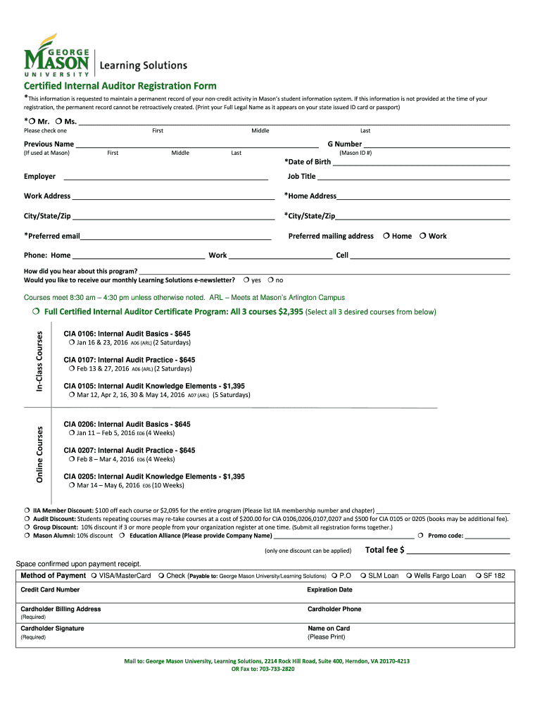 Fillable Online ls gmu Certified Internal Auditor Registration Form - George Mason Fax Email ...
