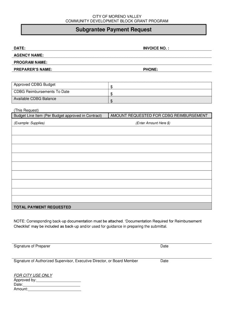 Fillable Online moval Subgrantee Payment Request - City of Moreno ...