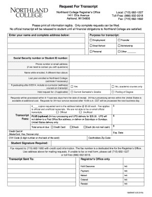 Fillable Online northland Request For Transcript - Northland College ...