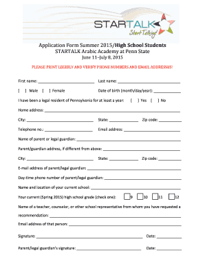 Fillable Online outreach psu 2015 STARTALK Application Form for High School - Outreach ...