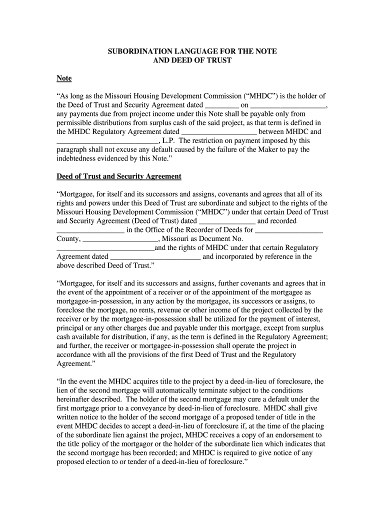 Fillable Online SUBORDINATION LANGUAGE FOR THE NOTE Fax Email Print ...