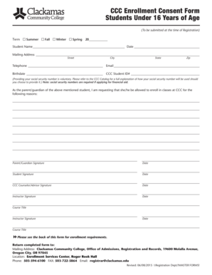 Fillable Online clackamas Enrollment Consent Form Students Under 16 ...