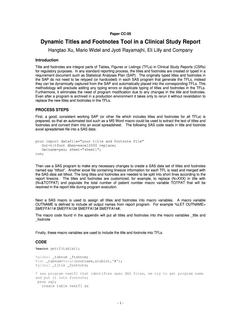 Fillable Online mwsug Dynamic Titles and Footnotes Tool in a Clinical ...