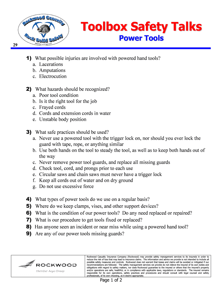 Fillable Online Rockwood Toolbox Safety Talks 29 Power Tools Rockwood ...