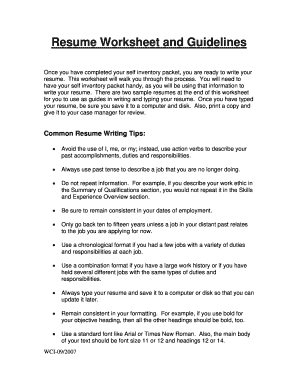 Fillable Online workforceconnections Resume Worksheet and Guidelines ...