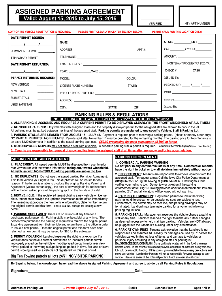Assigned Parking Agreement - Blank Fillable Template | Fill Out, Print ...