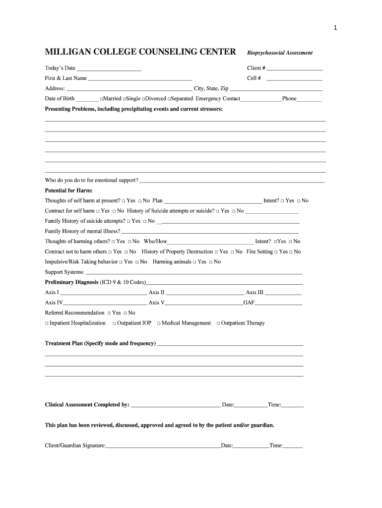 Fillable Online milligan MILLIGAN COLLEGE COUNSELING CENTER Biopsychosocial - milligan Fax Email ...