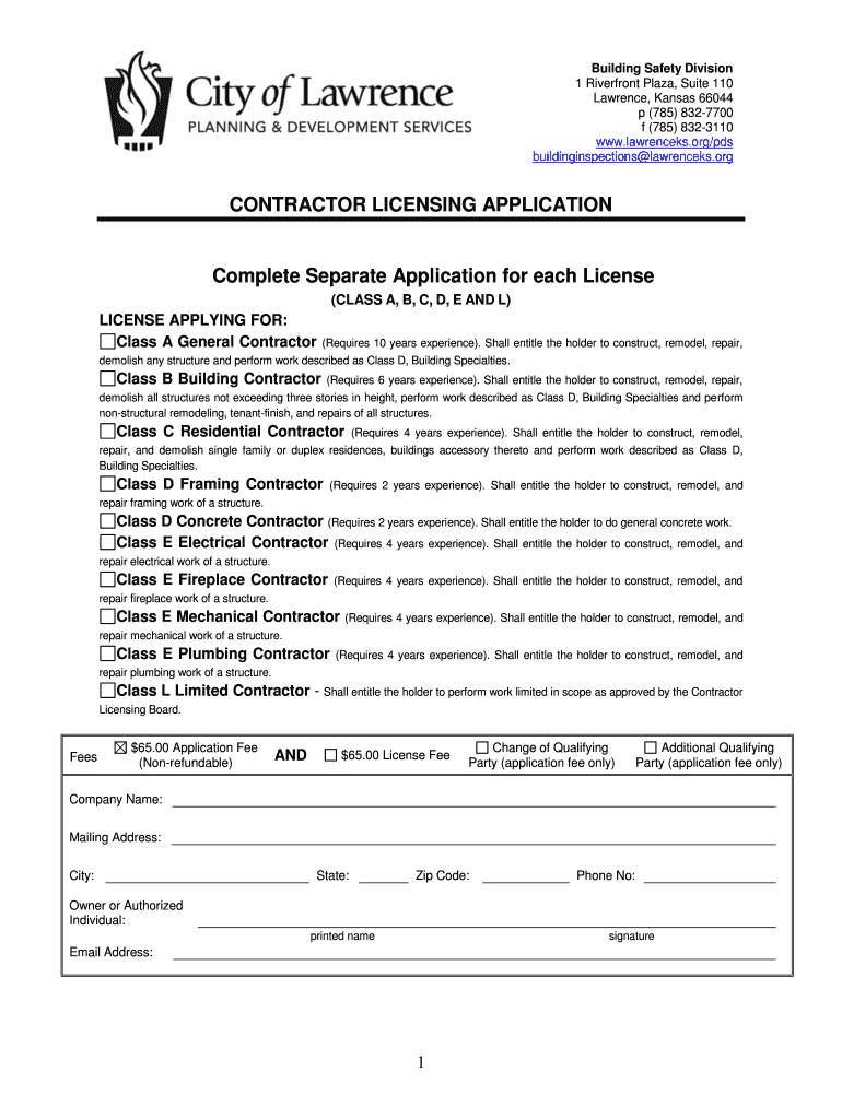 Fillable Online lawrenceks Contractor Licensing Application - City of ...