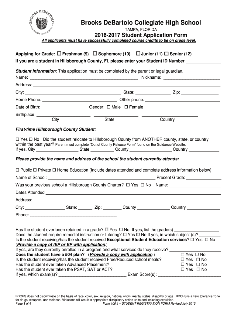 Fillable Online bdchs 2016-17 Student Application - Brooks DeBartolo ...