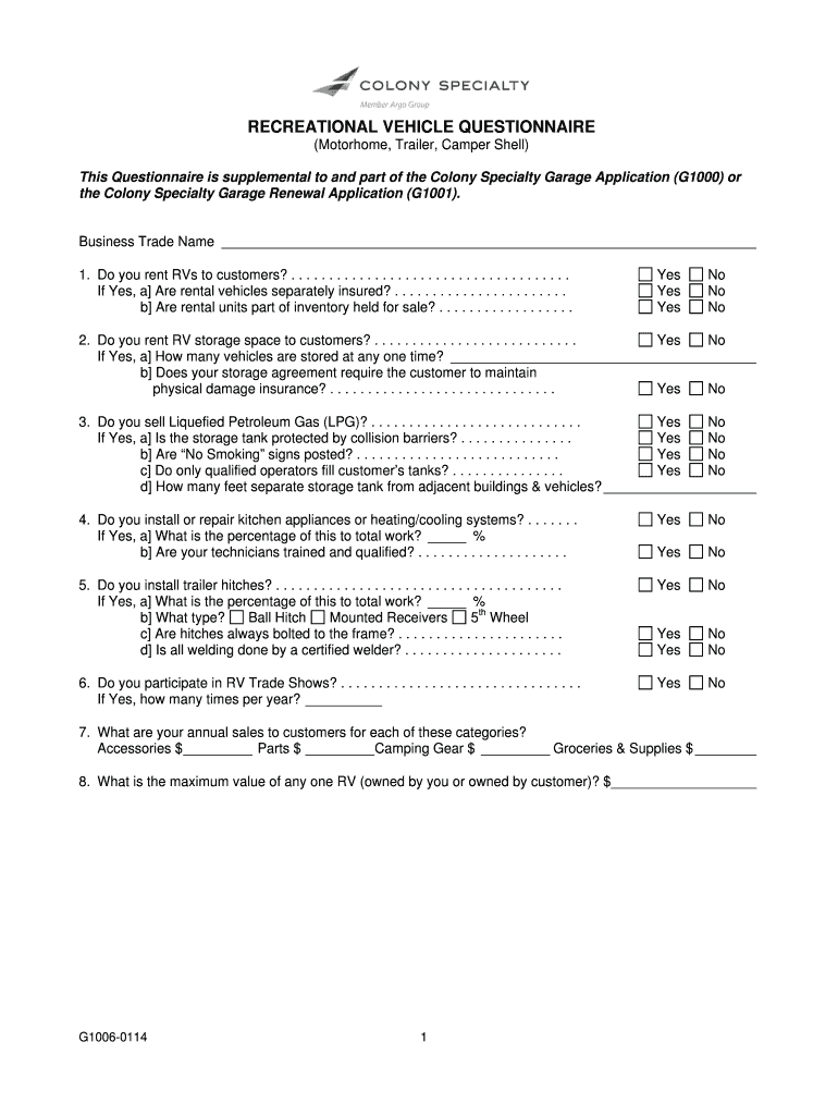 Fillable Online G1006-0114 RV Questionnaire Fax Email Print - pdfFiller