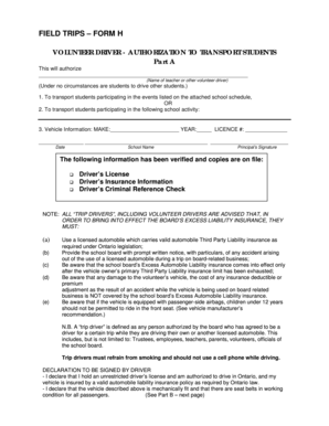 Fillable Online FIELD TRIPS FORM H VOLUNTEER DRIVER - AUTHORIZATION Fax ...